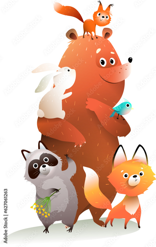 Cute forest animals friends together, children illustration. Bear ...