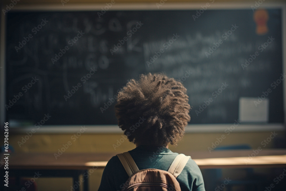Back view of young child in fornt of school classroom chalkboard Stock ...