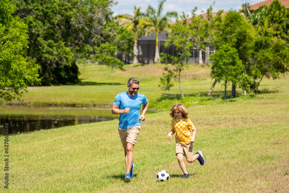 Father dad and son enjoy outdoor activities together. Outdoor ...
