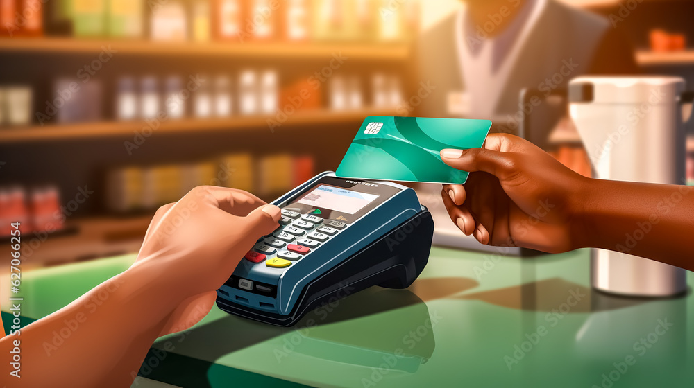 cartoon, payment by debit or credit card through a payment terminal for ...