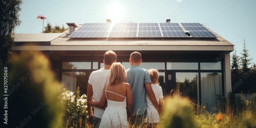 Happy Family with Solar Panels on Modern House Rooftop, Solar Panel on ...