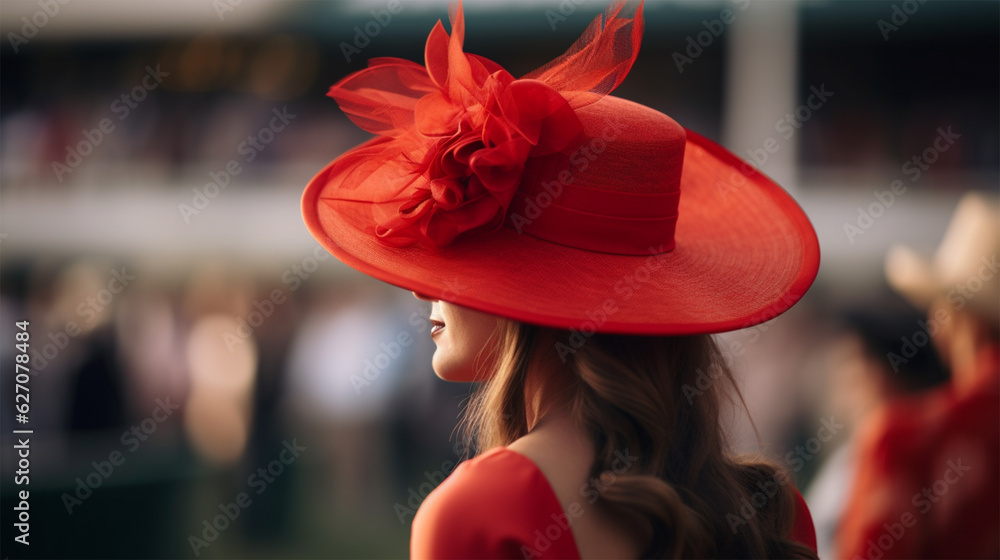 young woman in a beautiful elegant red hat on the hippodrome before the ...