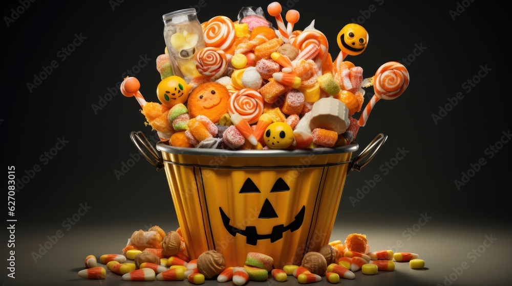 Overflowing with sugary delights. Candy bucket entices trick-or ...