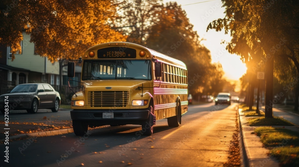 School bus driving on a street back to school Stock Photo | Adobe Stock