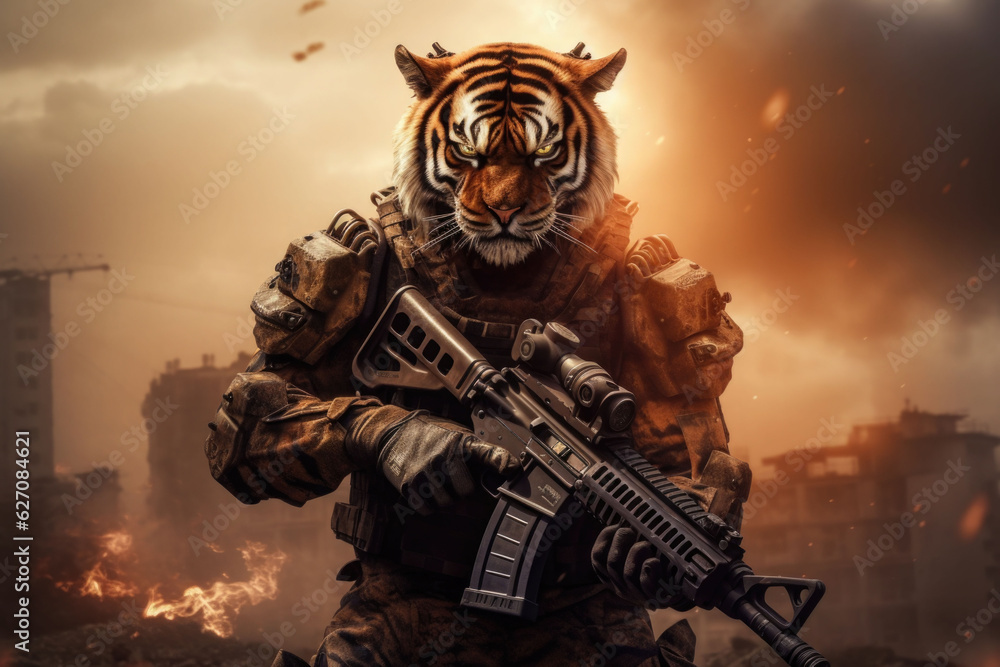 Tiger in body armor and with a machine gun. Beast in an armor with ...