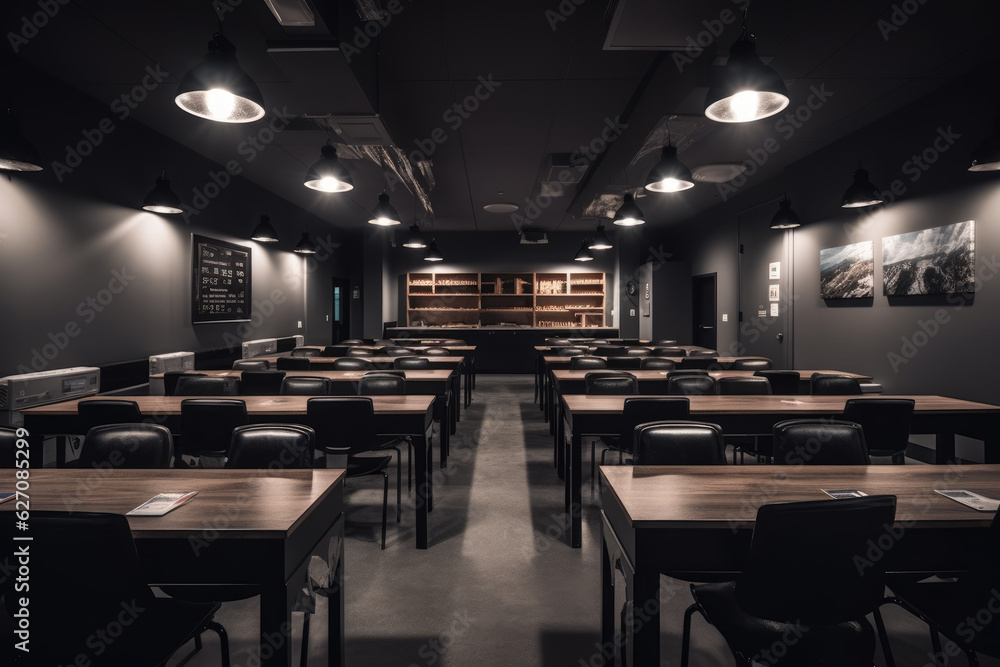 Professionally organized classroom with rows of desks and chairs, lit ... Professionally organized classroom with rows of desks and chairs, lit ...