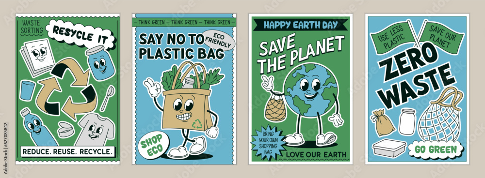 Vintage ecological posters set. Eco posters with recycling of plastic ...