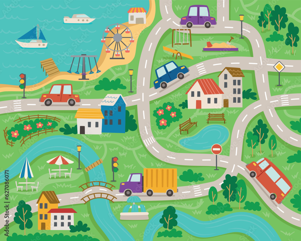 Road map of my city. Roads and streets with cute cars and buses, beach ...