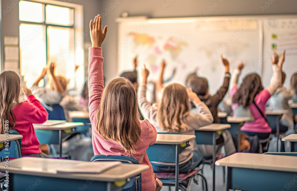 education, elementary school, learning and people concept. group of ...