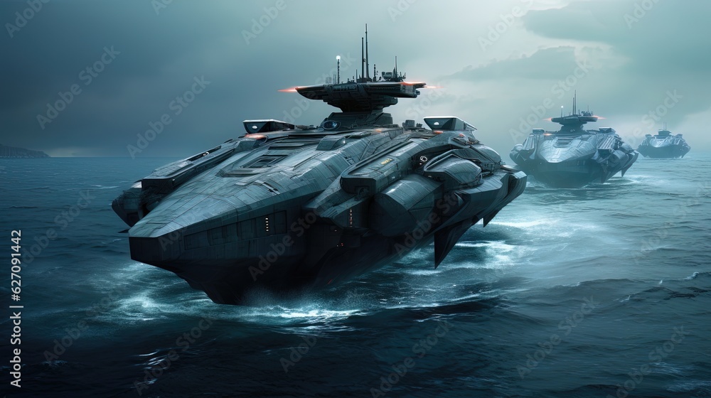 Futuristic naval ships are fighting on the sea. Generative AI Stock ...