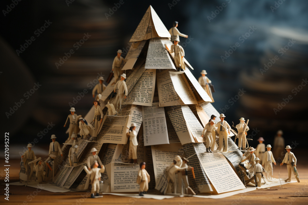 Pyramid of paper people, teamwork's power, strong foundation symbolism ...