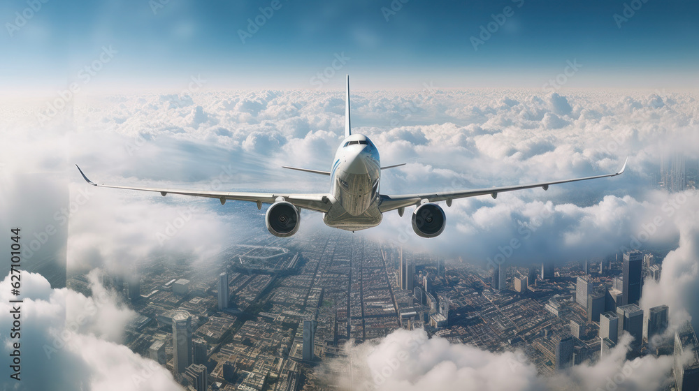 Airplane in the blue sky with clouds from below, a high-flying ...