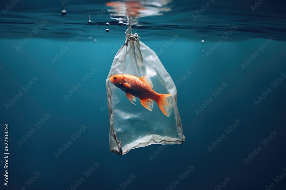 Gold fish in plastic bag thrown into the sea, plastic pollution ...
