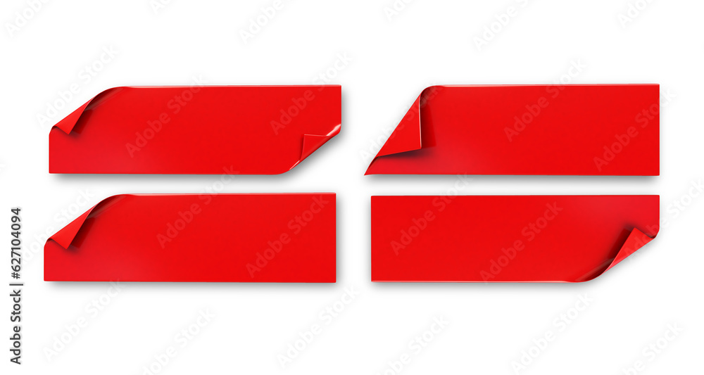 Red banner sticky label with folded corner template set isolated 3d ...