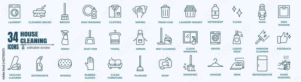 Set of cleaning Icons. Simple editable line art style icons pack ...