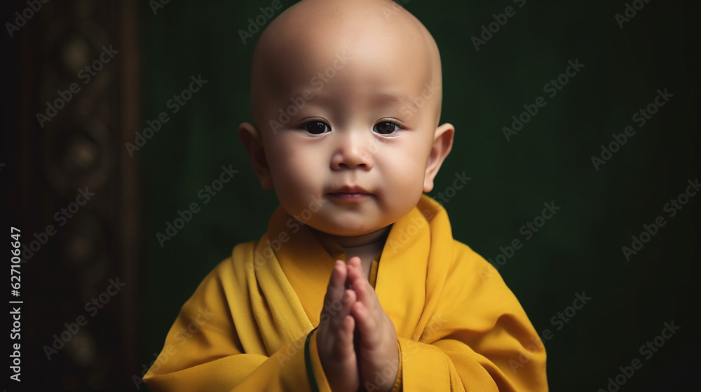 Monk, 1 years old, round face, and big ears, shaved head, yellow robe ...