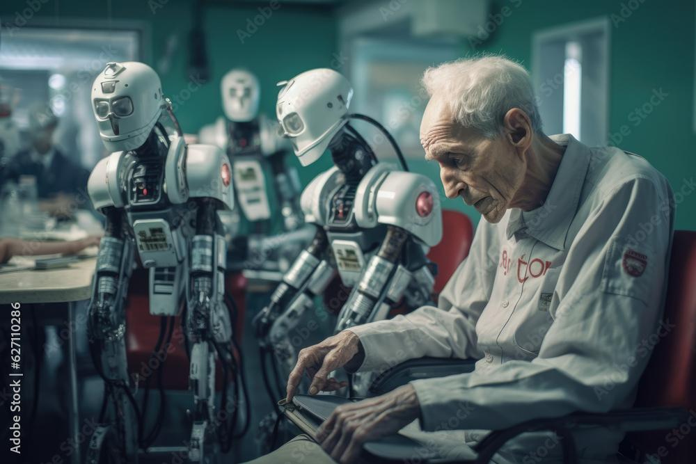 Future Elderly Care. Cyborg Robots monitoring vital signs and ...