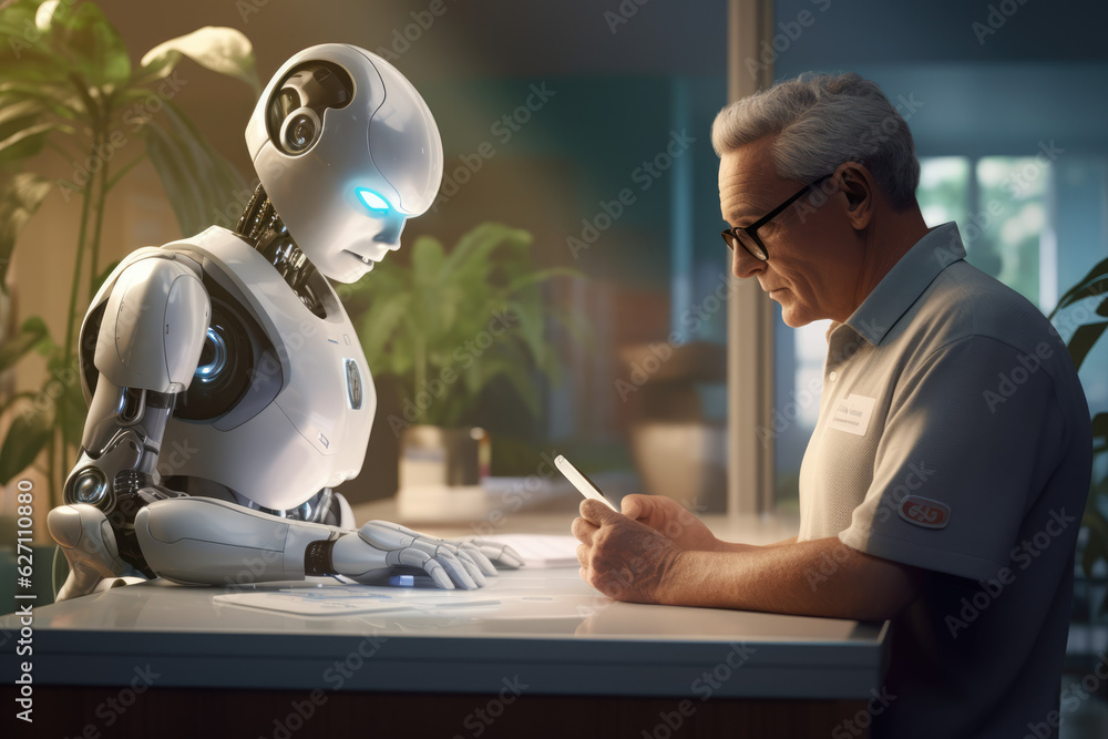 Future Elderly Care. Cyborg Robots monitoring vital signs and ...