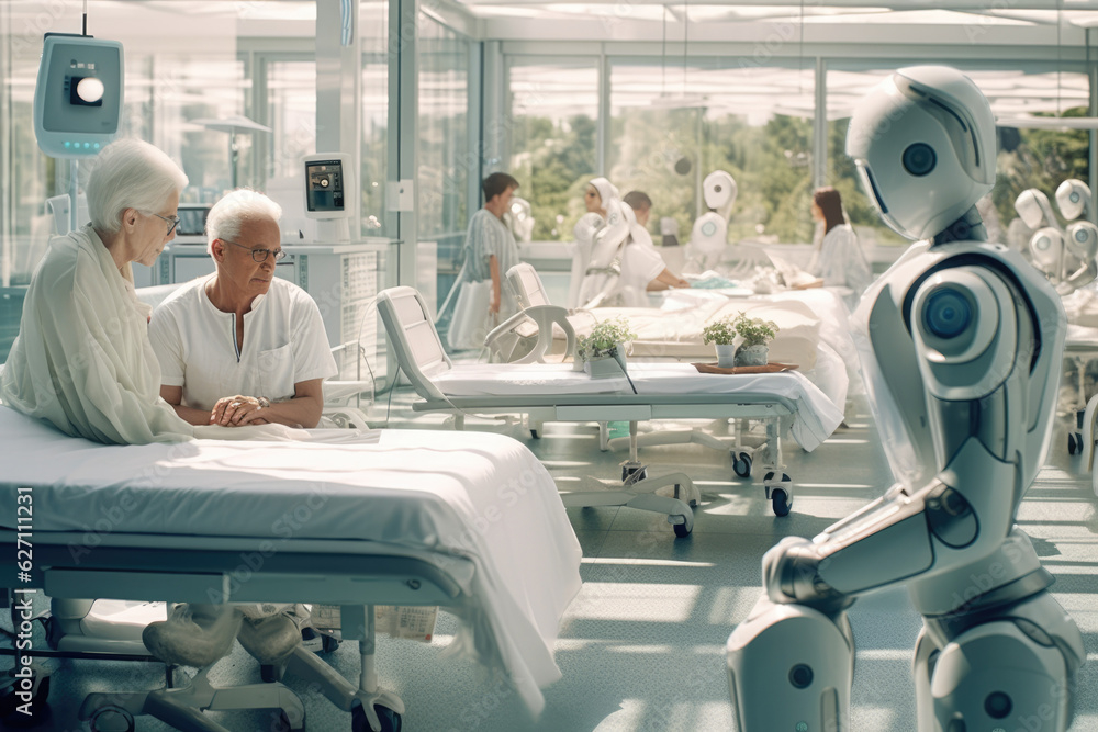 Future Elderly Care. Cyborg Robots monitoring vital signs and ...