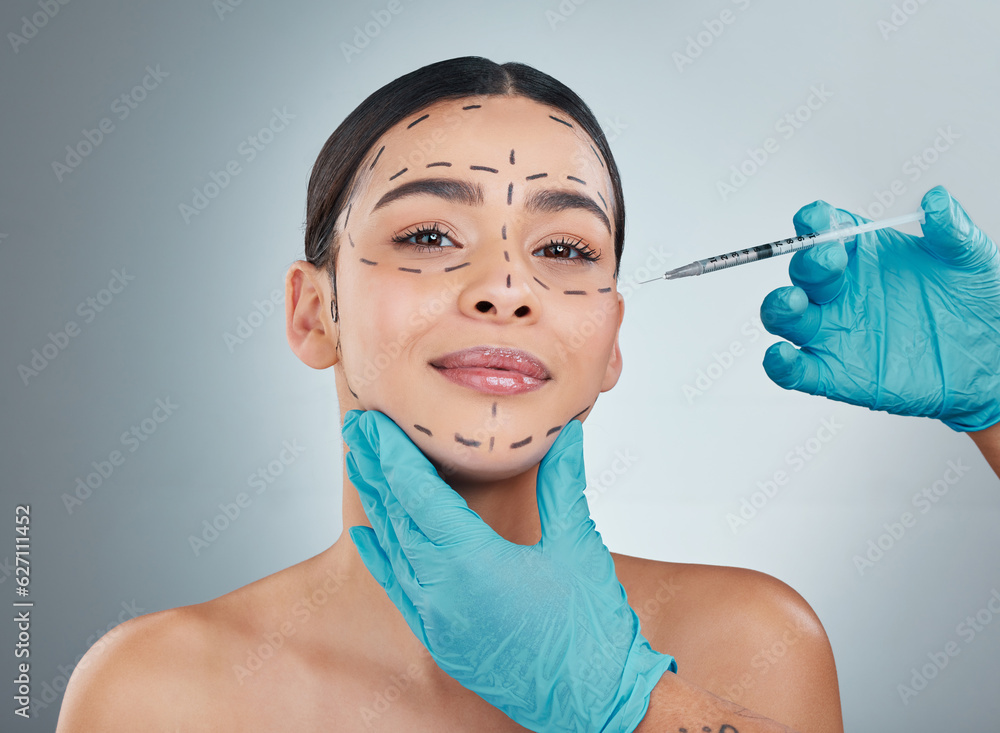 Portrait, plastic surgery and botox with a woman in studio on a gray ...