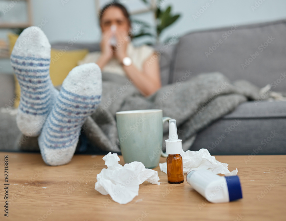 Medicine, table and sick woman in home, sofa or living room with paper ...
