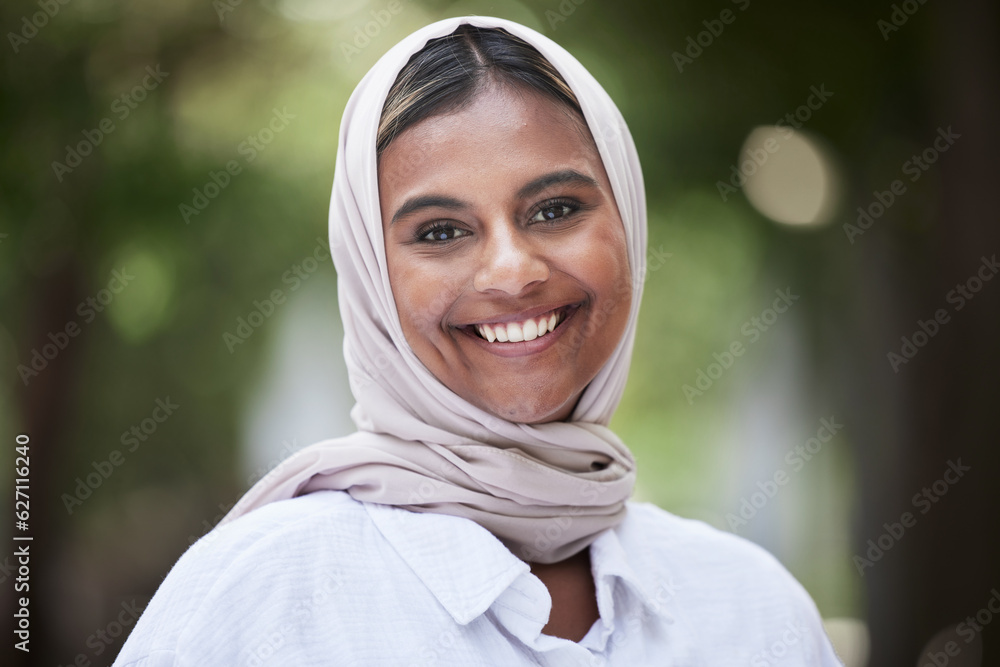 Nature, happy and portrait of Muslim woman in park for holiday, freedom ...
