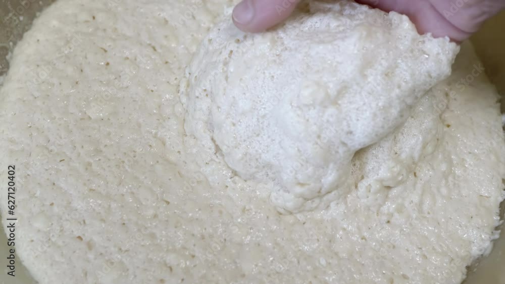 Close up, Female Hand Stirring Foamy Yeast Dough in Bowl. Texture ...