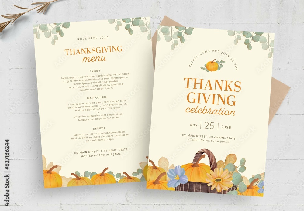 Rustic Thanksgiving Autumn Fall Card Flyer Invite with Watercolor ...