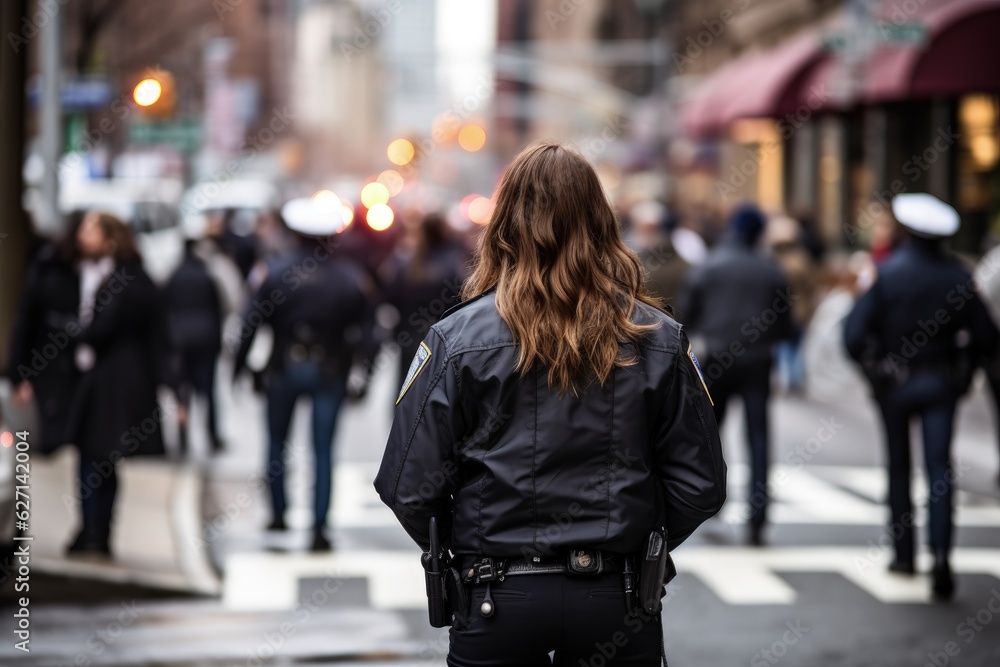 Female police officer seen from behind in busy American city street, US ...