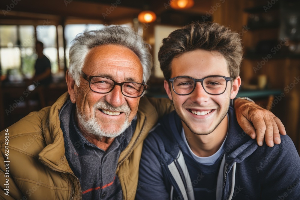 Grown-up hipster son happily hugs an old man at home. Two bearded ...