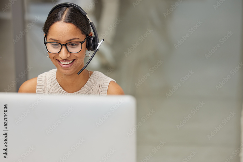 Business woman, call center and pc web support communication at a ...