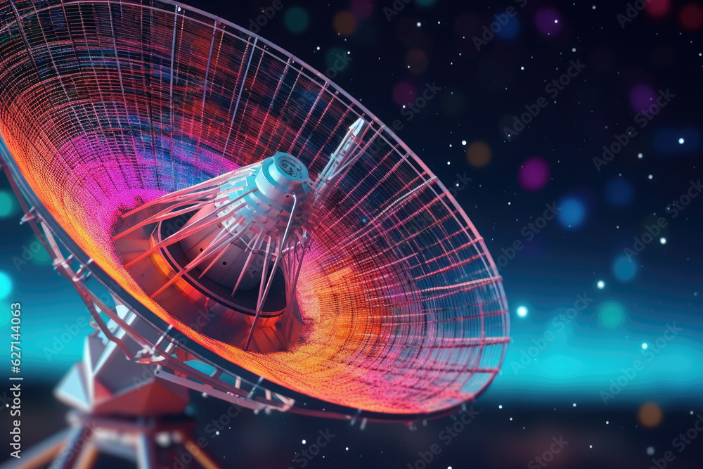 Space satellite dishes that receive signals from outer space with night ...
