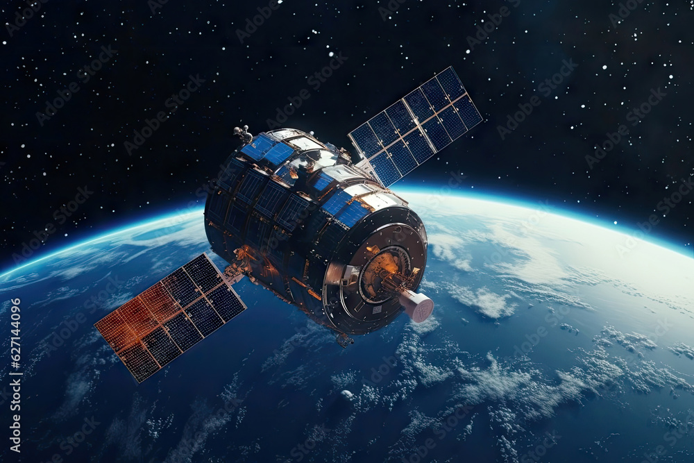 Space satellite moving outer the space with Earth plant background ...