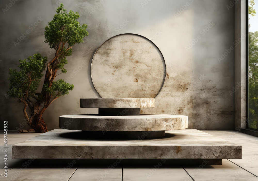 Abstract design of modern podium with empty concret. round concrete ...