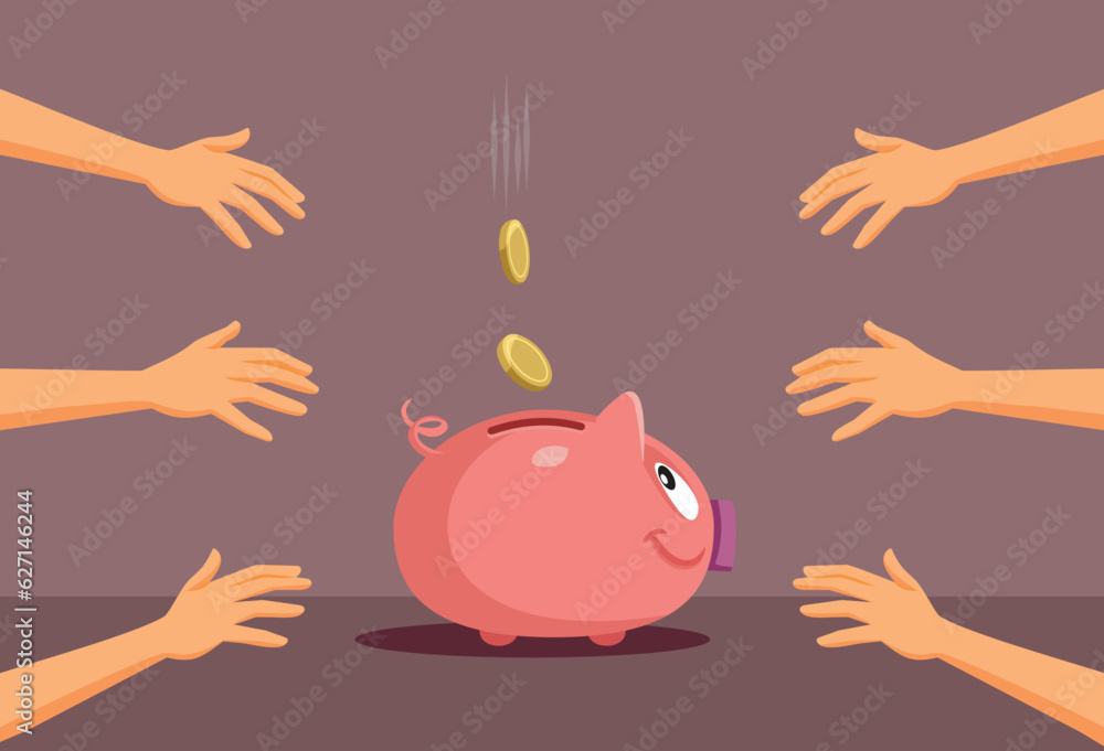 People Reaching for the Coins in the Piggy Bank Vector Cartoon ...