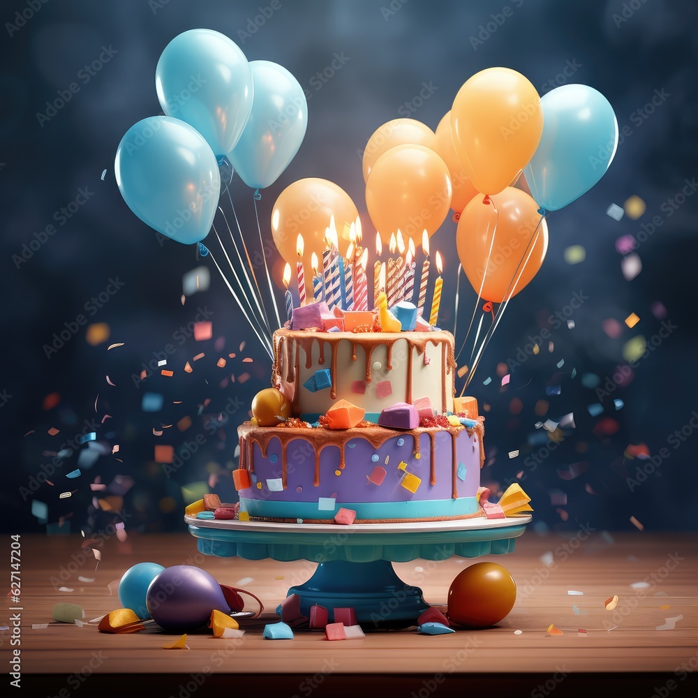 Colorful birthday cake. Rainbow cake with pastel colored balloons ...