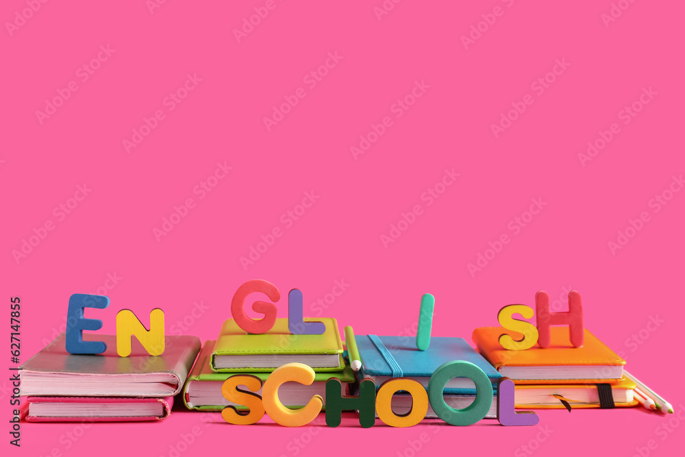 Different notebooks with text ENGLISH SCHOOL on pink background Stock ...