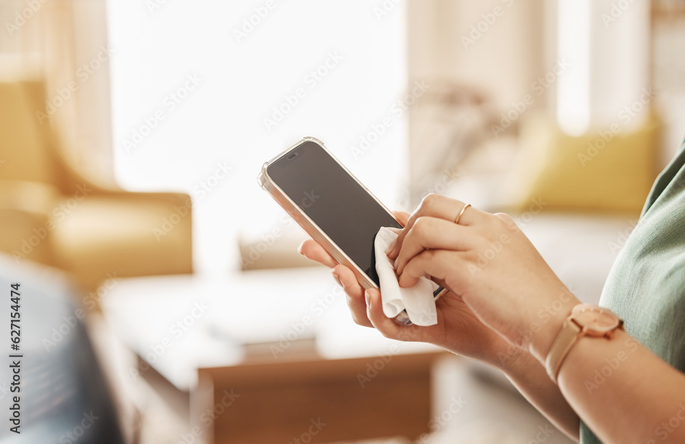 Screen, phone and closeup of cleaner with a tissue for cleaning germs ...