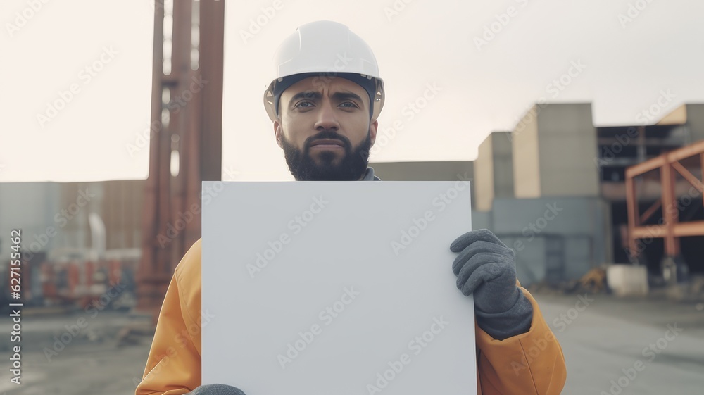 Construction worker worker holding blank white placard with free space ...
