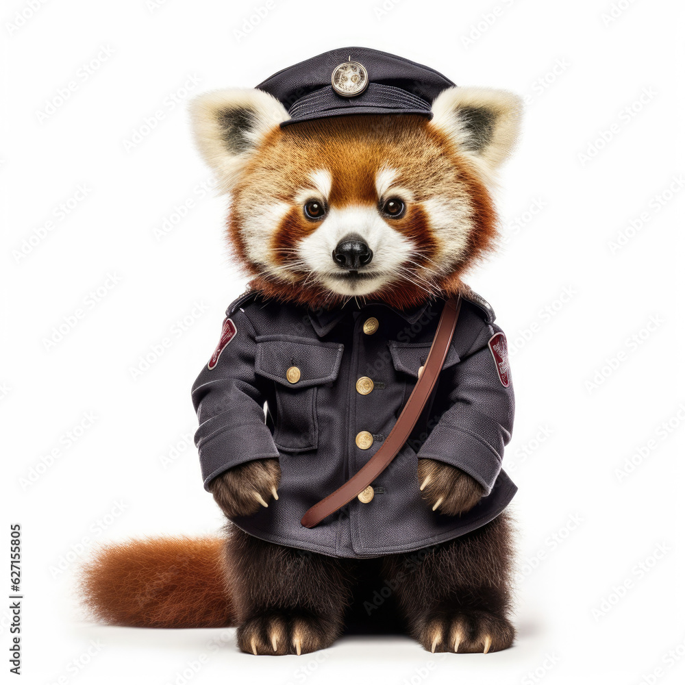 A Red Panda (Ailurus fulgens) wearing a park ranger's outfit and hat ...