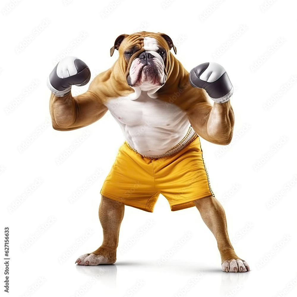 A Bulldog (Canis lupus familiaris) in a bodybuilder's outfit, flexing ...