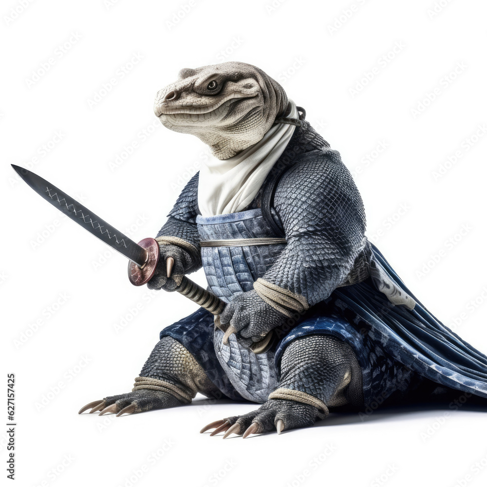 A Komodo Dragon (Varanus komodoensis) in a samurai's outfit and katana ...