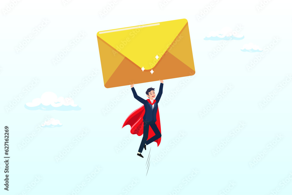 Businessman superhero carrying big email envelope flying to recipient ...