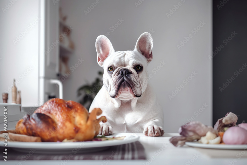 French Bulldog dog siiting in front of kitchen table with roasted ...