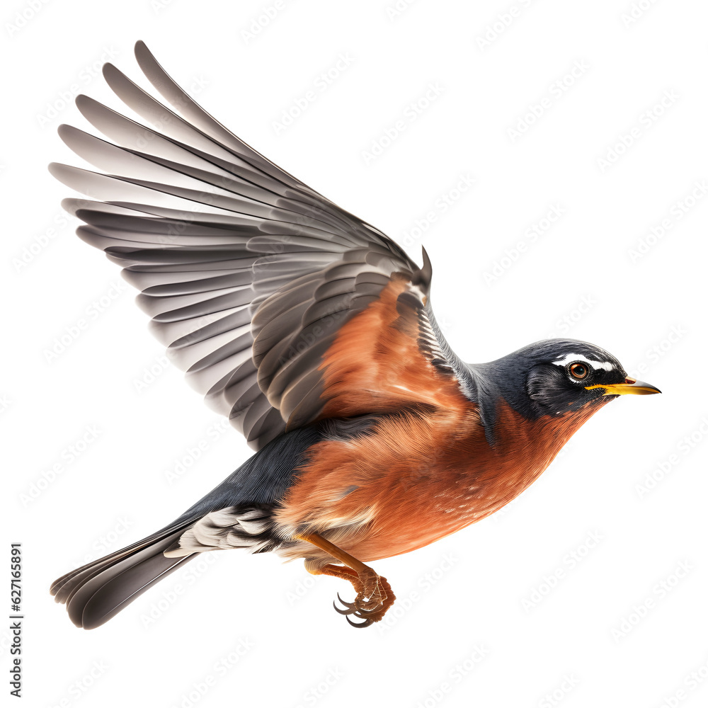 American Robin in Flight, American Robin, wild bird, bird watching, realistic illustration, side ...