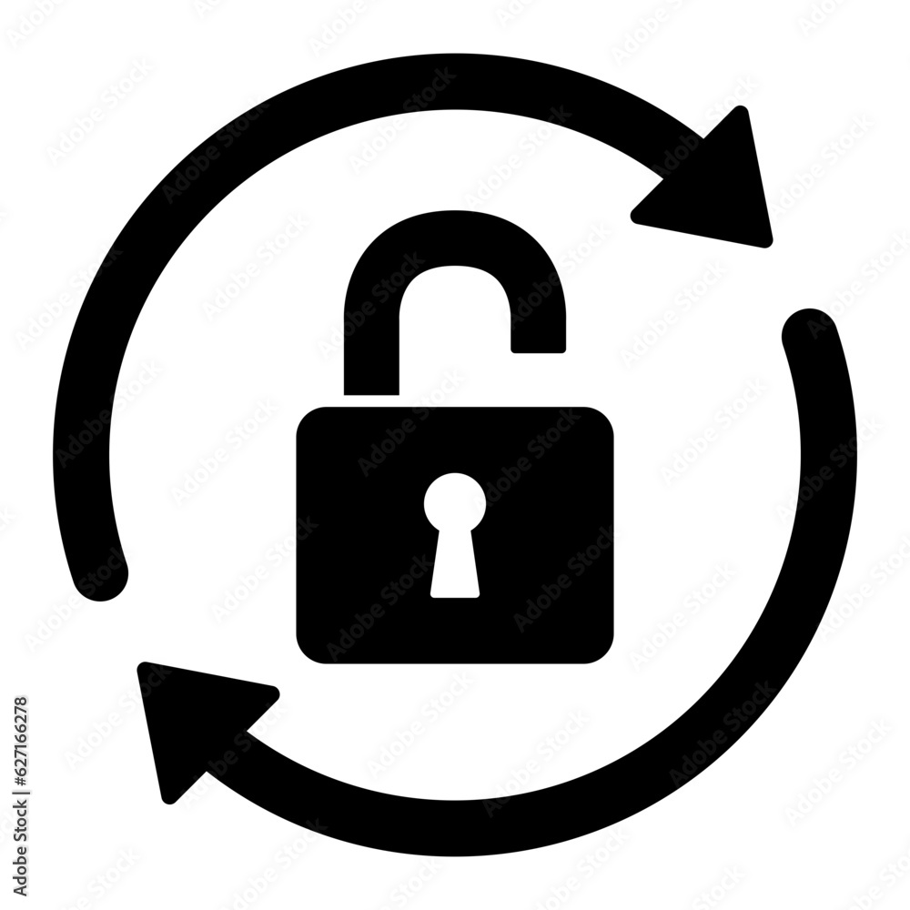 Black round open lock icon, simple secure key protection flat design ...