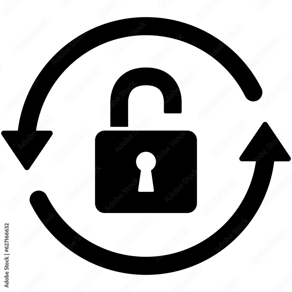 Black round unlock reload icon, simple secure key protection flat ...