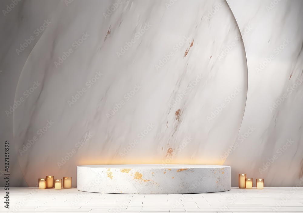White 3d podium with marble texture and golden elements. Empty stage or ...