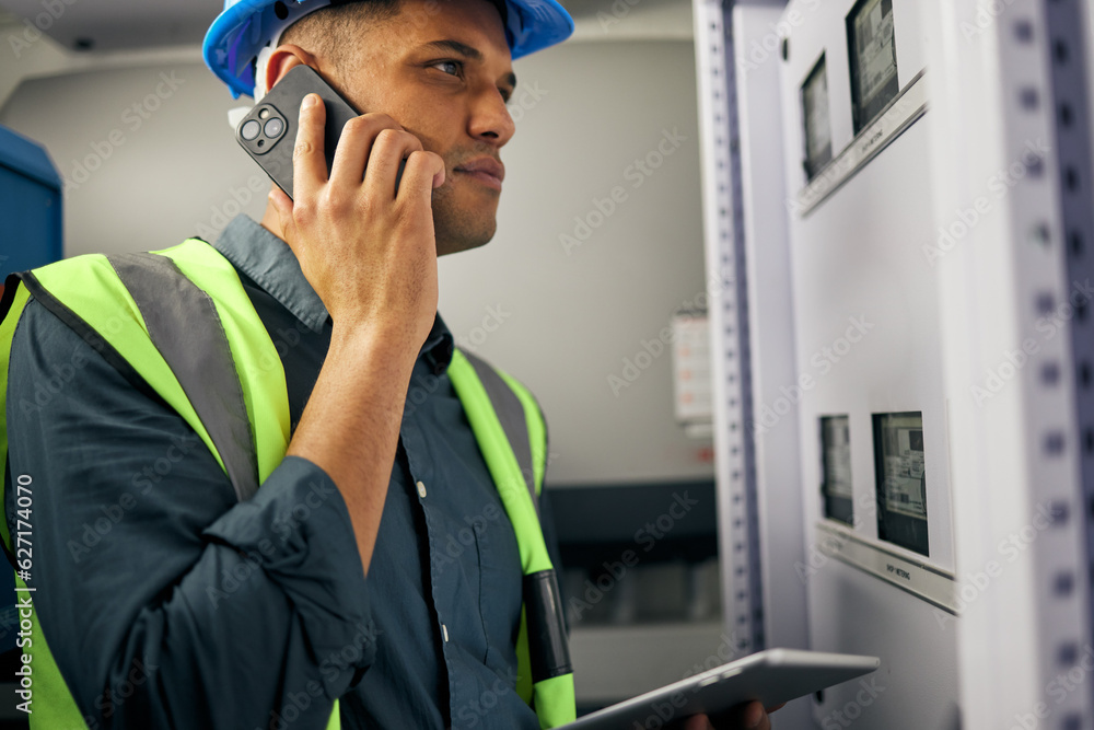 Phone call, man and engineering in control room or technician with ...