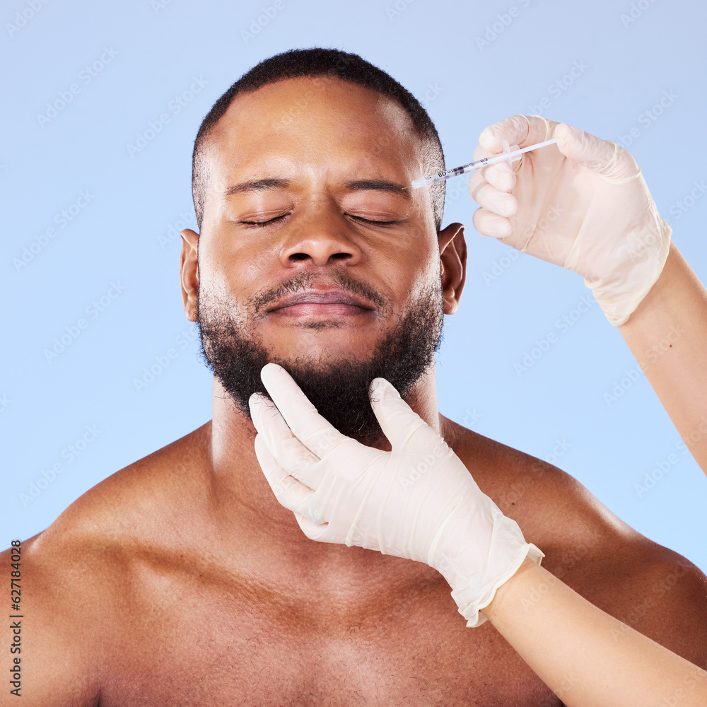 Needle, scared man and plastic surgery of skincare process, filler and ...